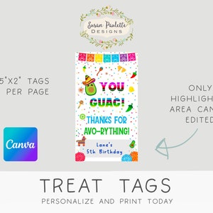 Fiesta Birthday Treat Tags for Avocado Birthday Party, Take Home Gift ...