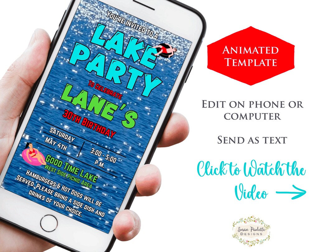 Lake Party Invitation, Animated Comic Style Birthday Party at the Lake ...