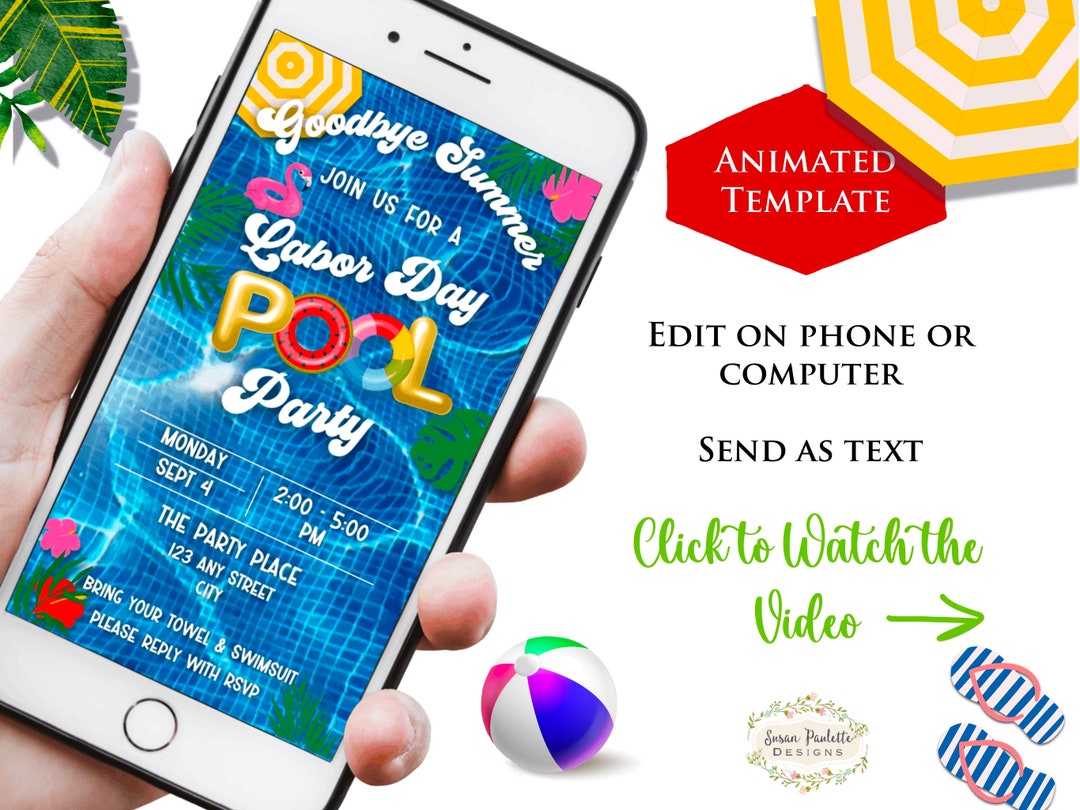 Labor Day Pool Party Invitation, Animated Textable Swim Party Invite ...