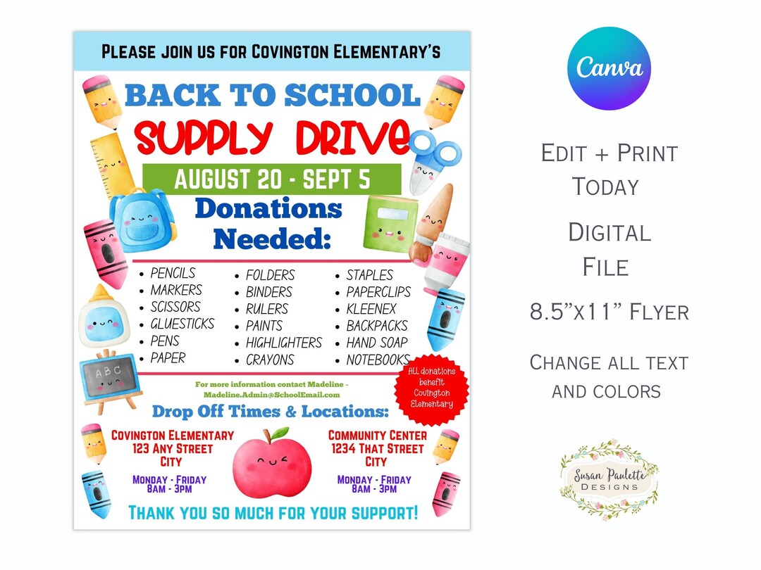 Editable School Supply Drive Flyer Back to School Supplies - Etsy