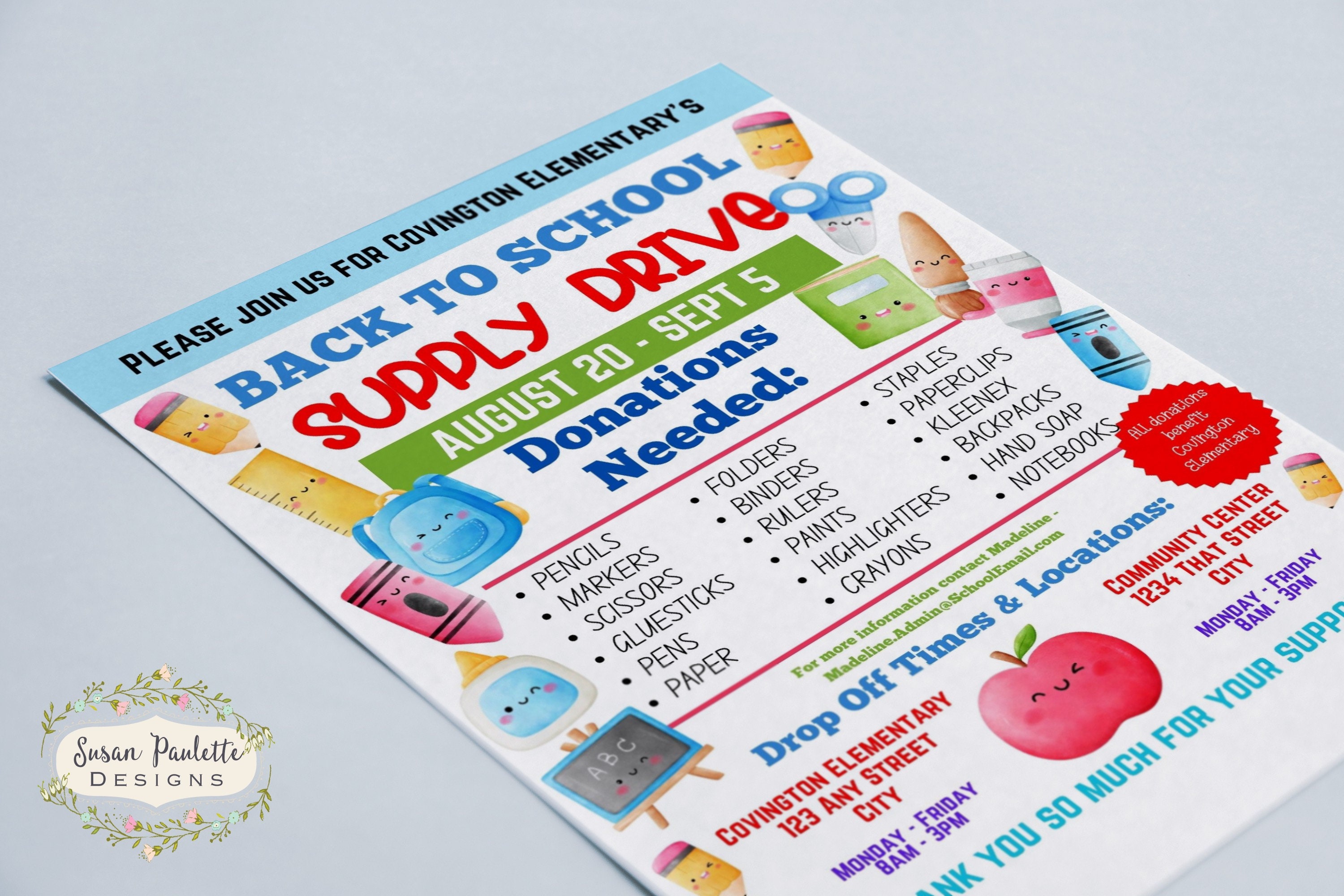 Editable School Supply Drive Flyer, Back to School Supplies Fundraiser ...
