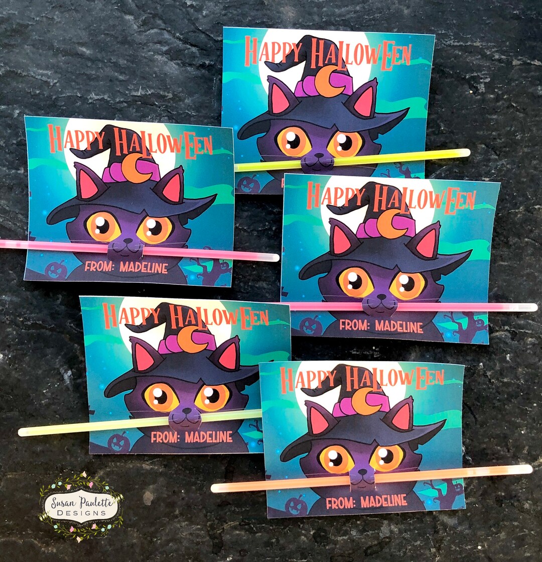 Halloween Glow Stick Tag, Cat With Witch’s Hat Classroom Party Favor ...