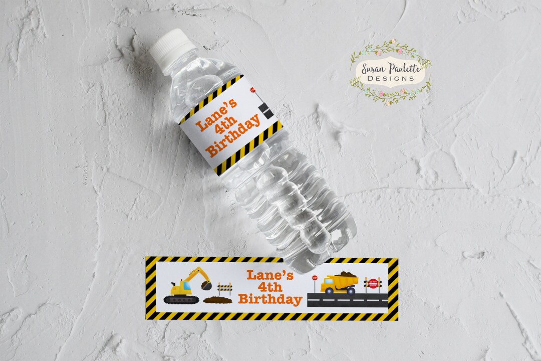 Construction Water Bottle Labels for Birthday Party, Editable Heavy ...