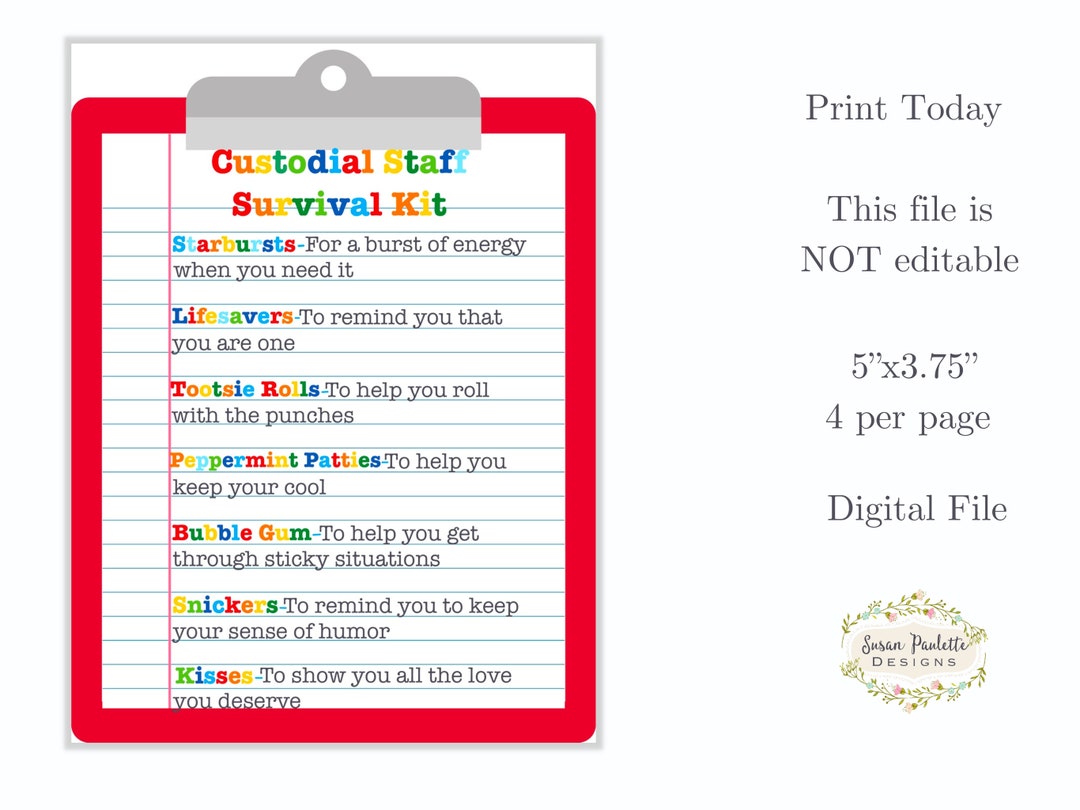 Custodial Staff Survival Kit Tags Instant Download Janitorial ...