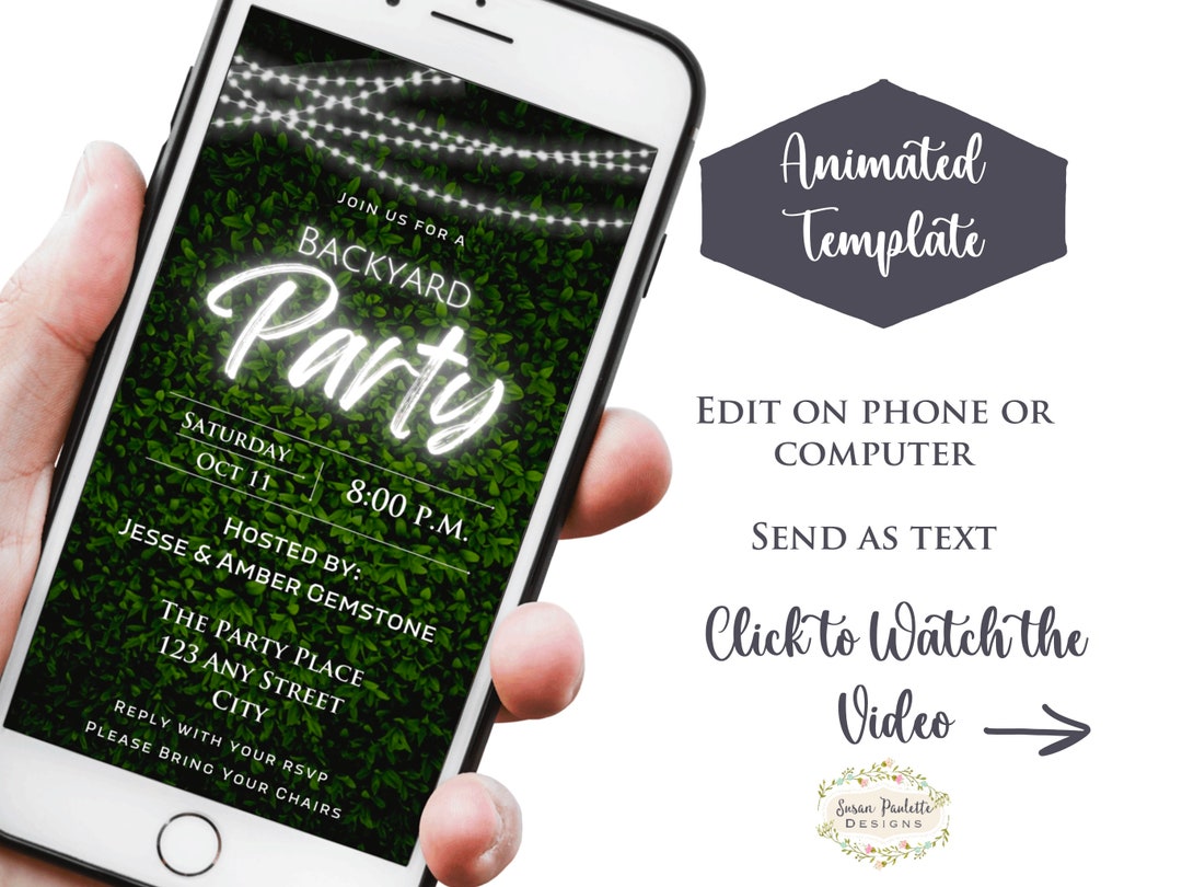 Backyard Party Digital Invitation Spring Summer E-vite Animated Party Outdoors Patio Lights ...