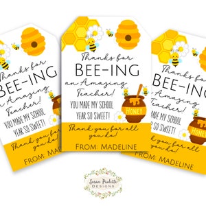 End of School Teacher Appreciation Tags, Honey Bee Printable Gift Tags ...