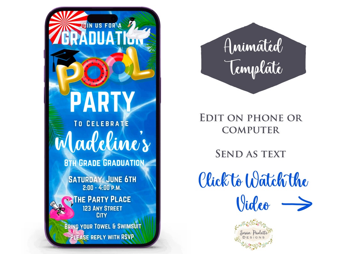 Graduation Pool Party Invitation, Animated Textable Swim Grad Party ...
