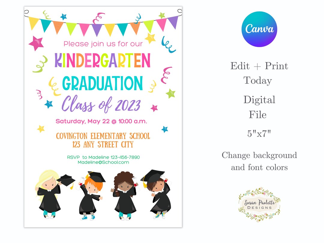 Kindergarten Graduation Invitation Editable Elementary Graduation ...
