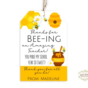 End of School Teacher Appreciation Tags, Honey Bee Printable Gift Tags ...