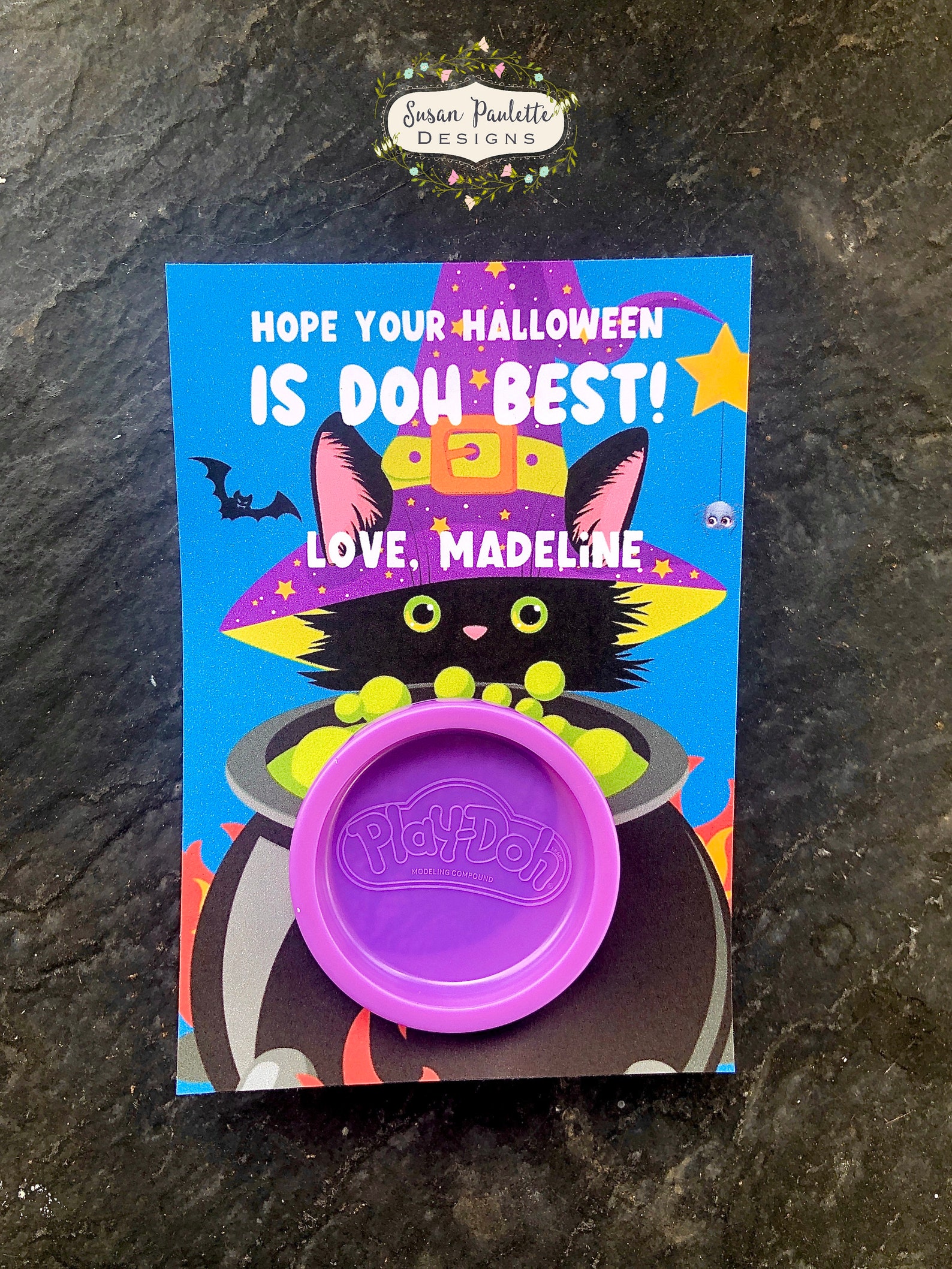 Halloween Play Dough Tag, Black Cat With Cauldron Classroom Party Favor ...