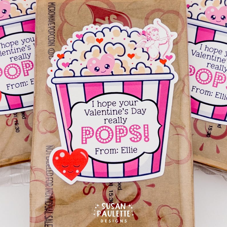 Kids Popcorn Valentine Stickers, Poppin’ Party Favor Stickers for Class ...
