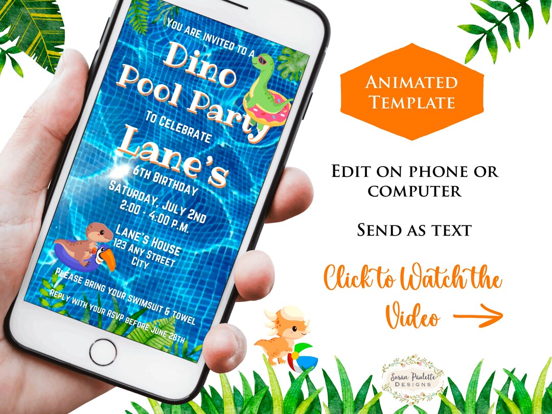 Dinosaur Pool Party Birthday Invitation, Animated Dino B-day Pool Party ...