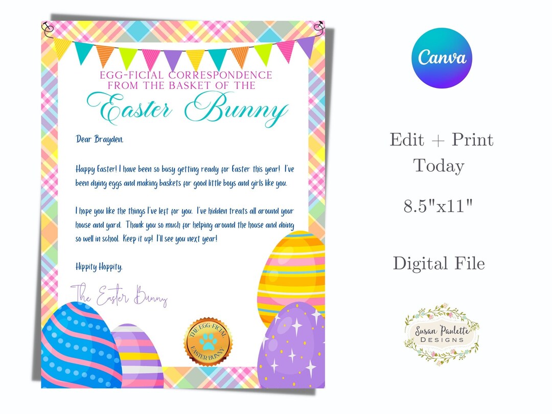 Letter From the Easter Bunny, Editable Kid's Spring Note, Digital ...