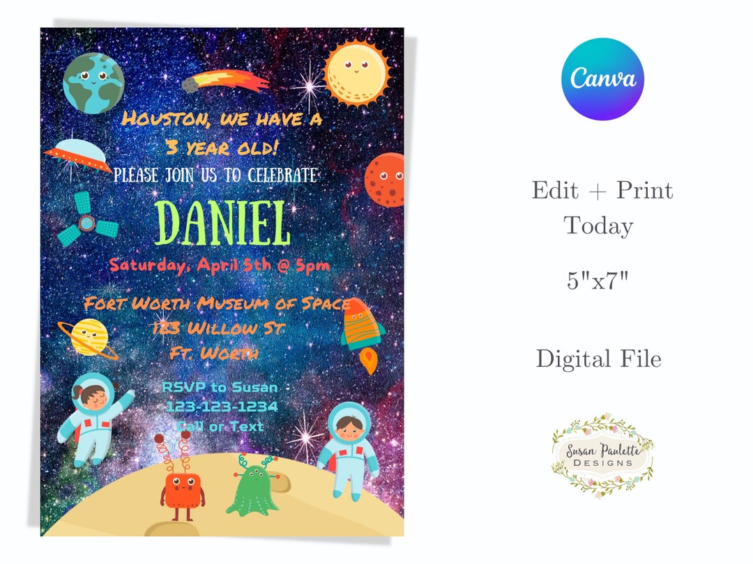 Outer Space Birthday Invitation Template Astronaut Planets Rocket Party ...