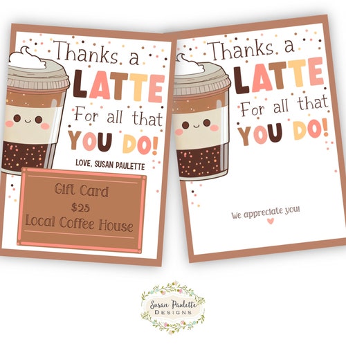Coffee Gift Card Holder Printable Thanks a Latte - Etsy