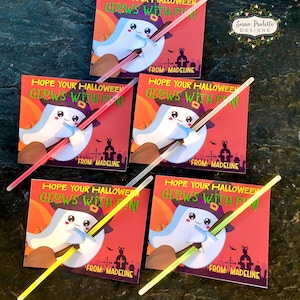 Halloween Glow Stick Tag, Ghost Broom Classroom Halloween Party Favor ...