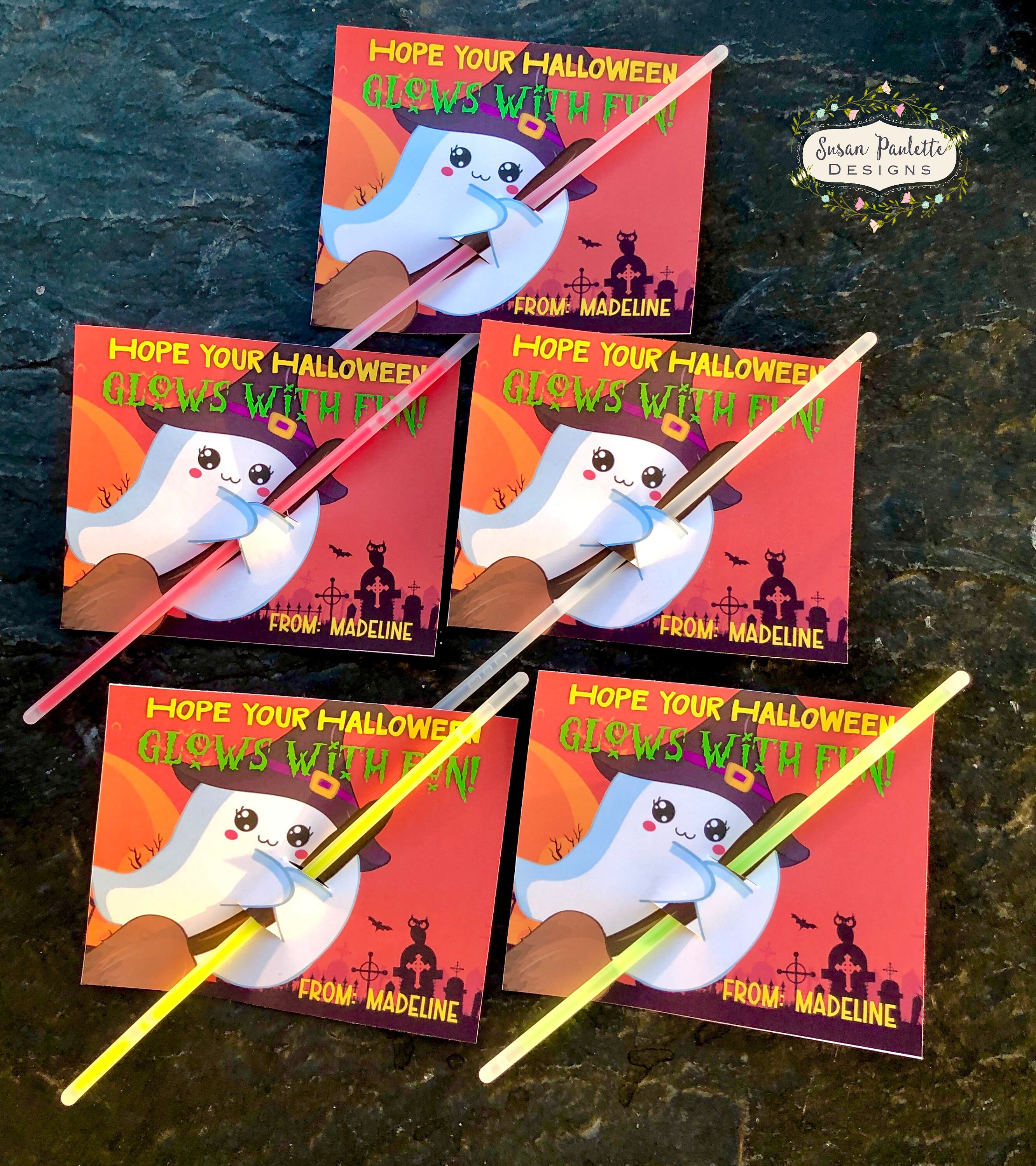 Halloween Glow Stick Tag, Ghost Broom Classroom Halloween Party Favor ...