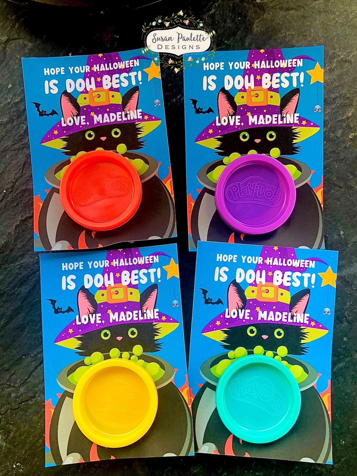 Halloween Play Dough Tag, Black Cat With Cauldron Classroom Party Favor ...