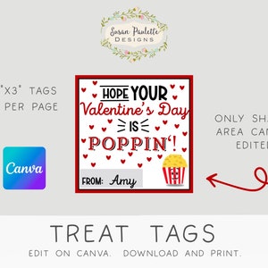 Editable Popcorn Valentine Tag, Printable Instant Digital Download ...
