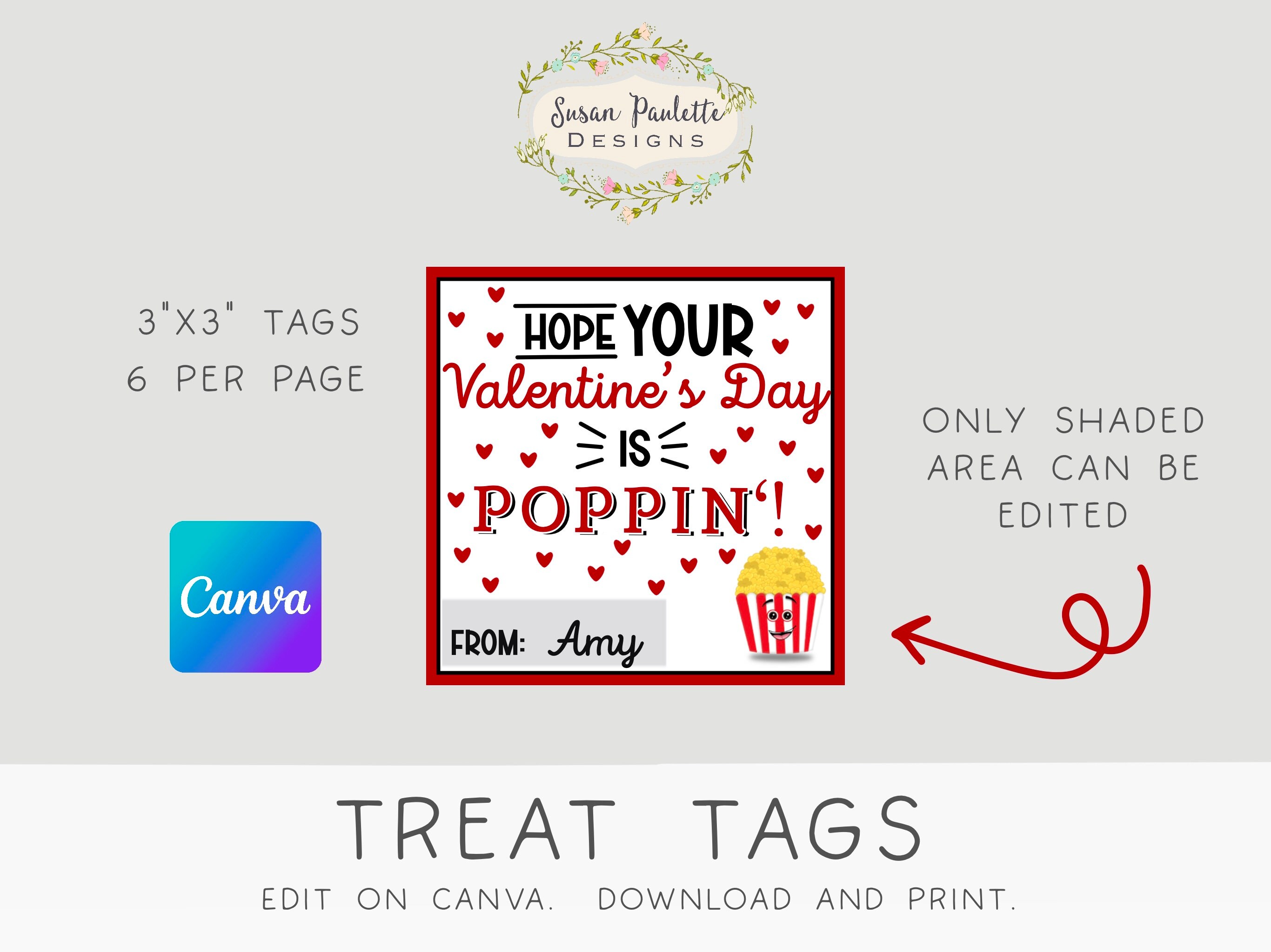 Editable Popcorn Valentine Tag, Printable Instant Digital Download ...