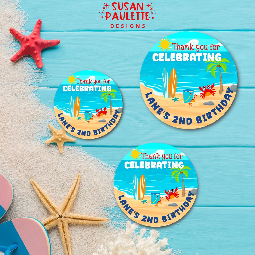 Beach Birthday Sticker, Summer Personalized Goody Bag Stickers, Cute ...