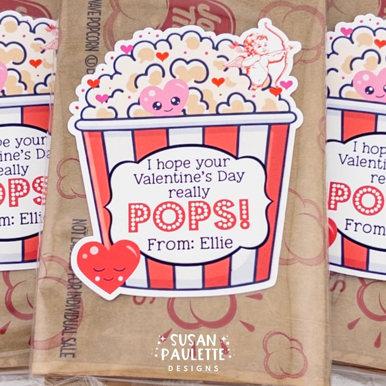 Kids Popcorn Valentine Stickers, Poppin’ Party Favor Stickers for Class ...