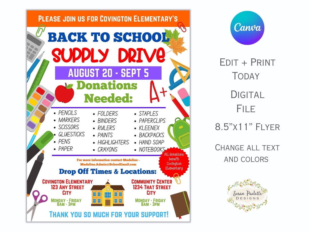 Editable School Supply Drive Flyer, Back to School Supplies Fundraiser ...