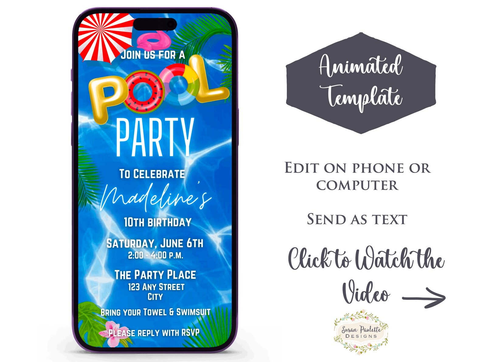 Pool Party Invitation, Animated Textable Swim Party Invite, Pool ...