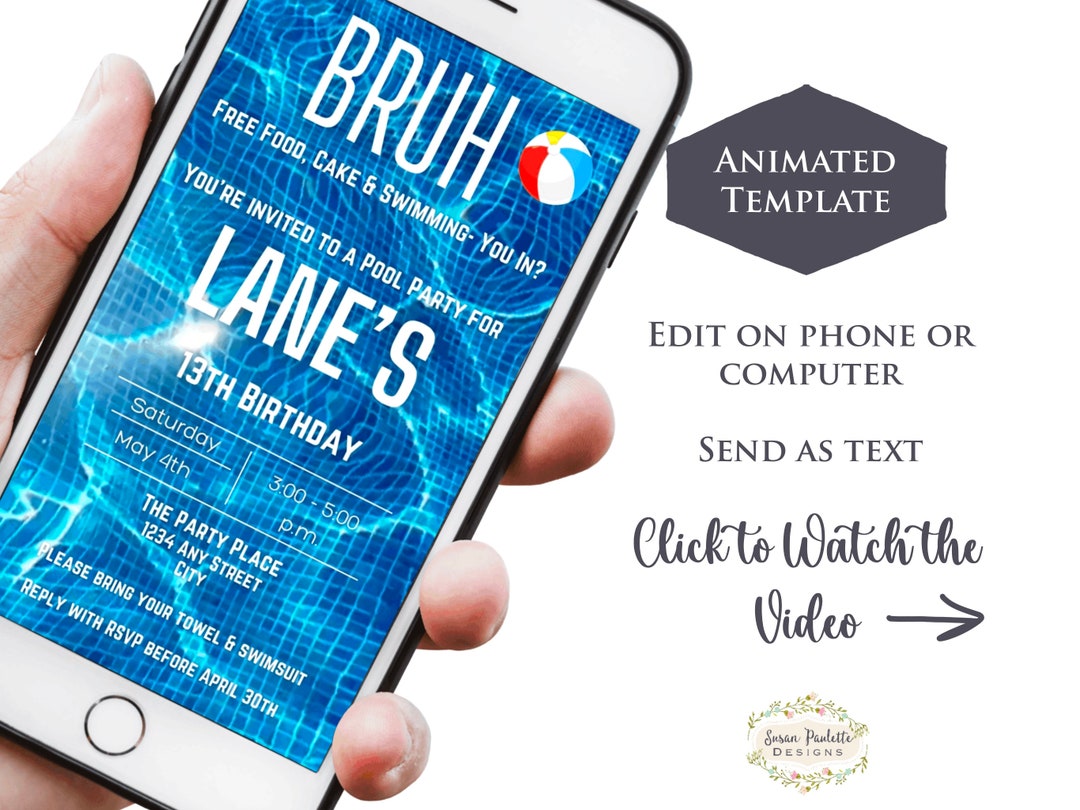 BRUH Boy Pool Party Birthday Invitation, Animated Tween Teen Teenage ...