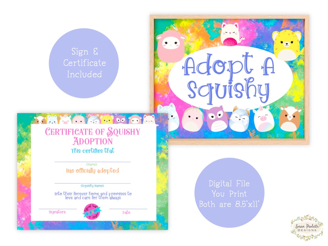 Rainbow Squishy Adoption Certificate and Sign, Birthday Party Games ...