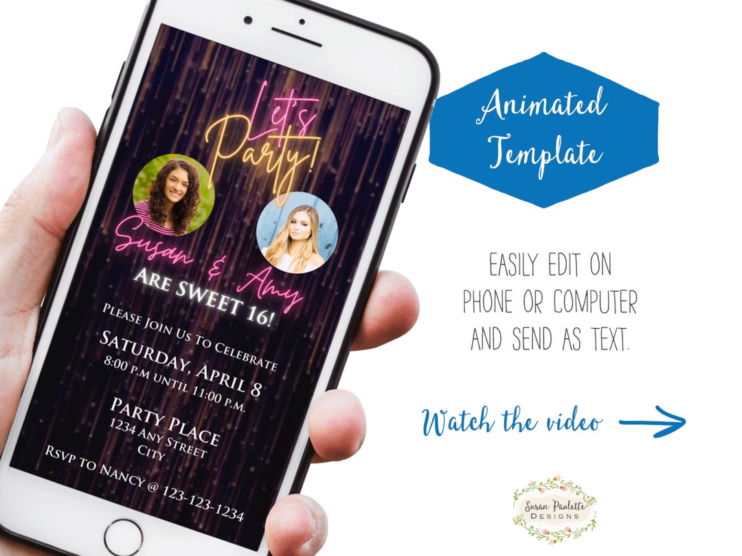 Editable Twins Sweet 16 Birthday Photo Digital Invitation Animated ...