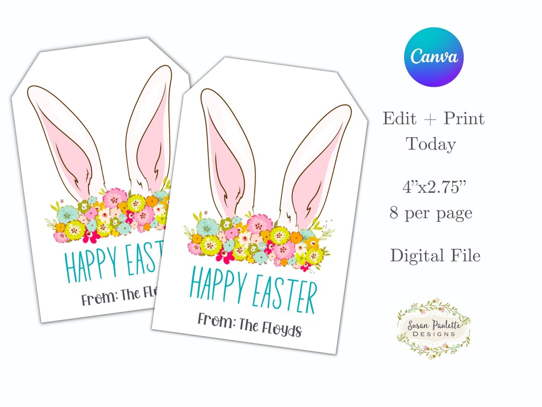 Happy Easter Treat Tags for Party Digital Editable Bunny Ears Floral ...