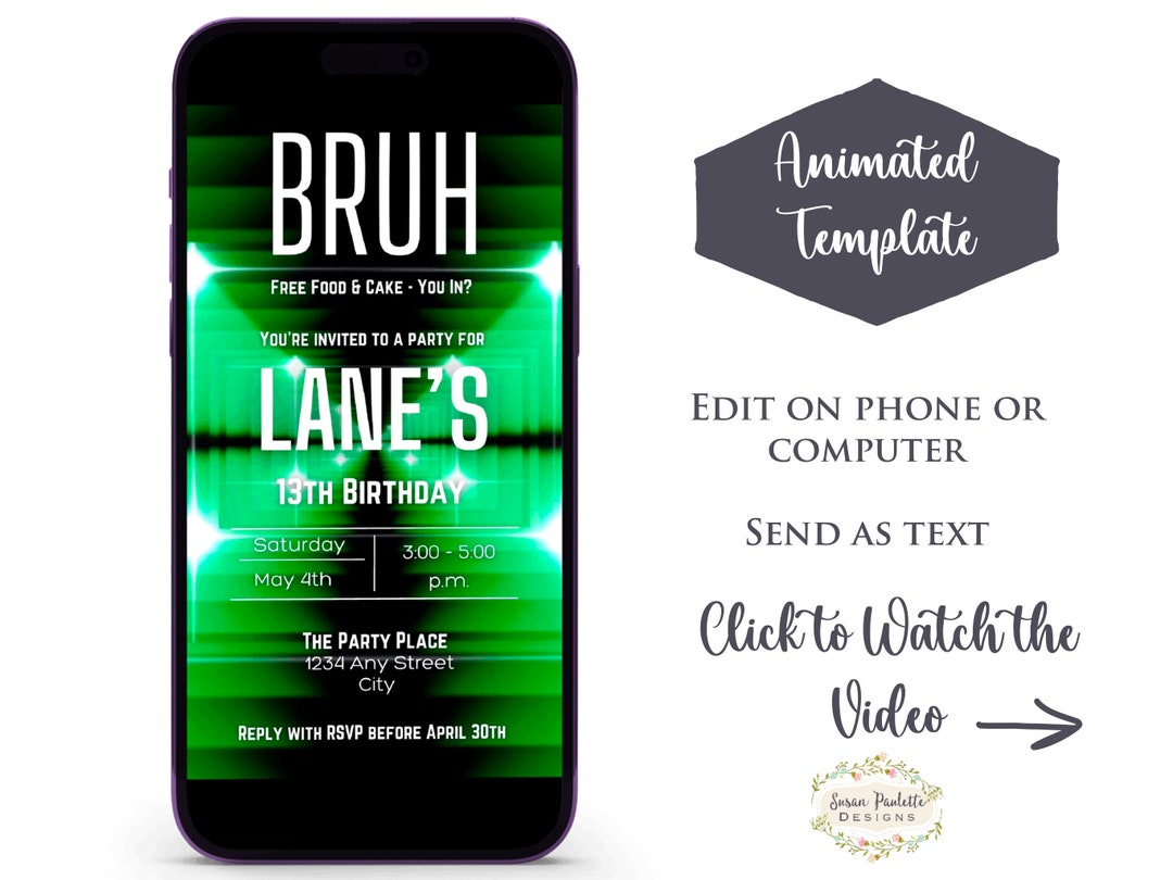 BRUH Birthday Party Invitation, Neon Tween Teen Teenage Boys B-day ...