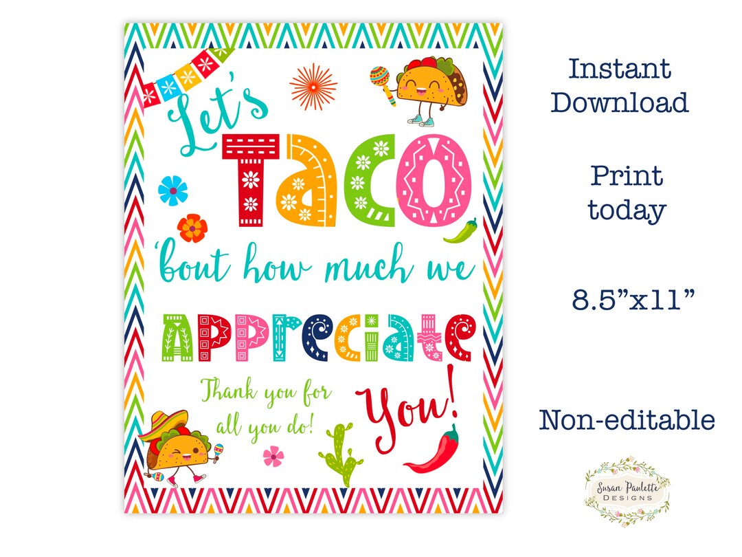 Teacher Appreciation Printable Sign 8.5x11, Instant Download PDF, Taco ...