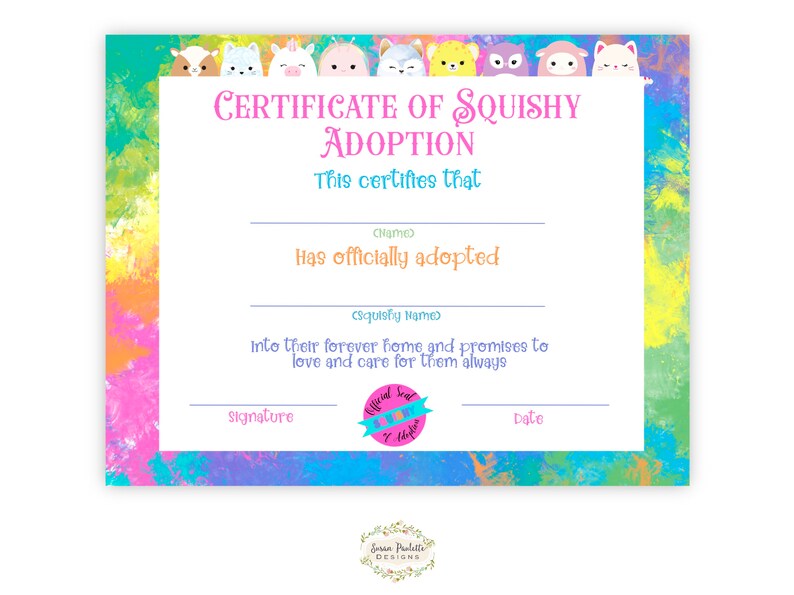 Rainbow Squishy Adoption Certificate and Sign, Birthday Party Games ...
