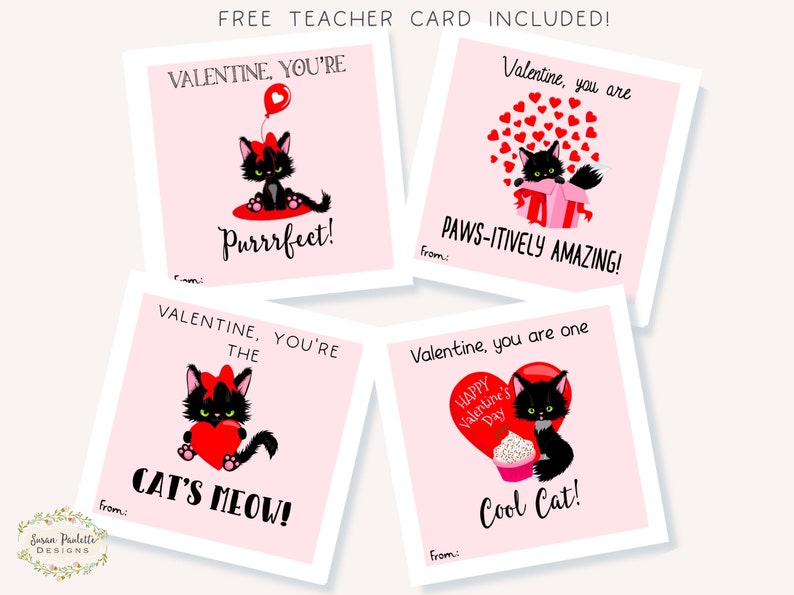 Black Cat Valentine Tags, PDF Printable Instant Download, Kitty Cat ...