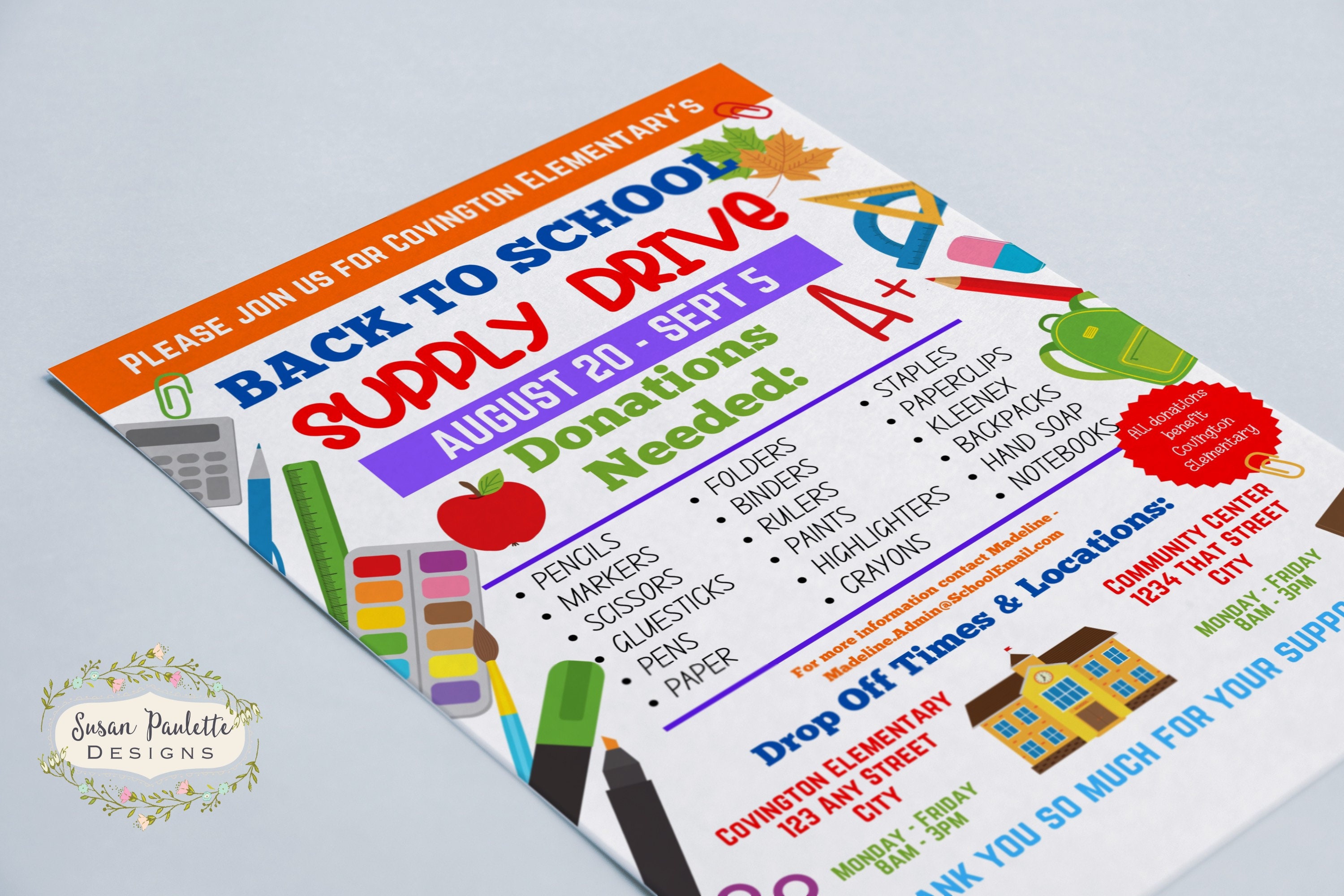 Editable School Supply Drive Flyer, Back to School Supplies Fundraiser ...