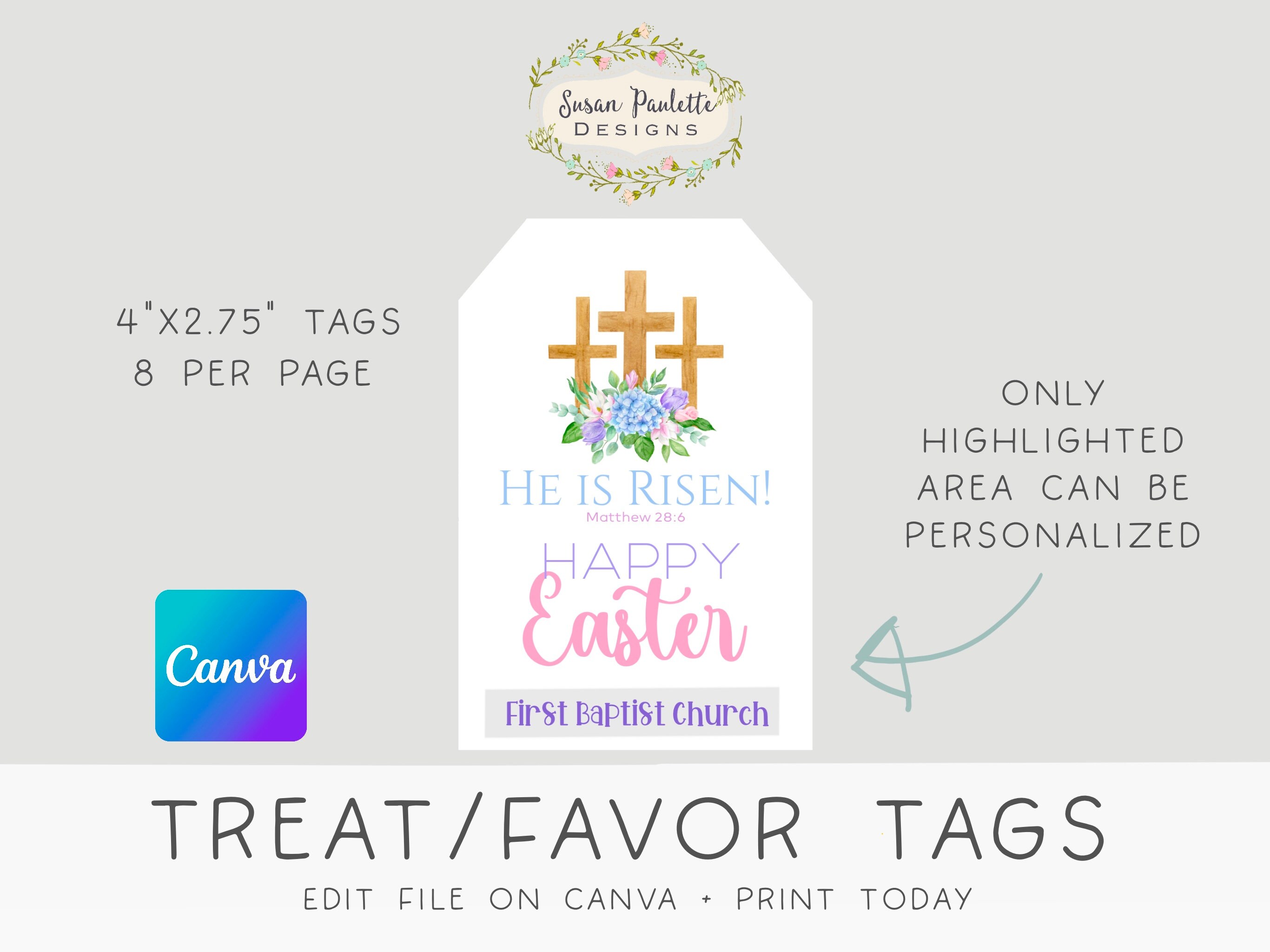 He is Risen Happy Easter Treat Tag for Party Digital Editable Three ...