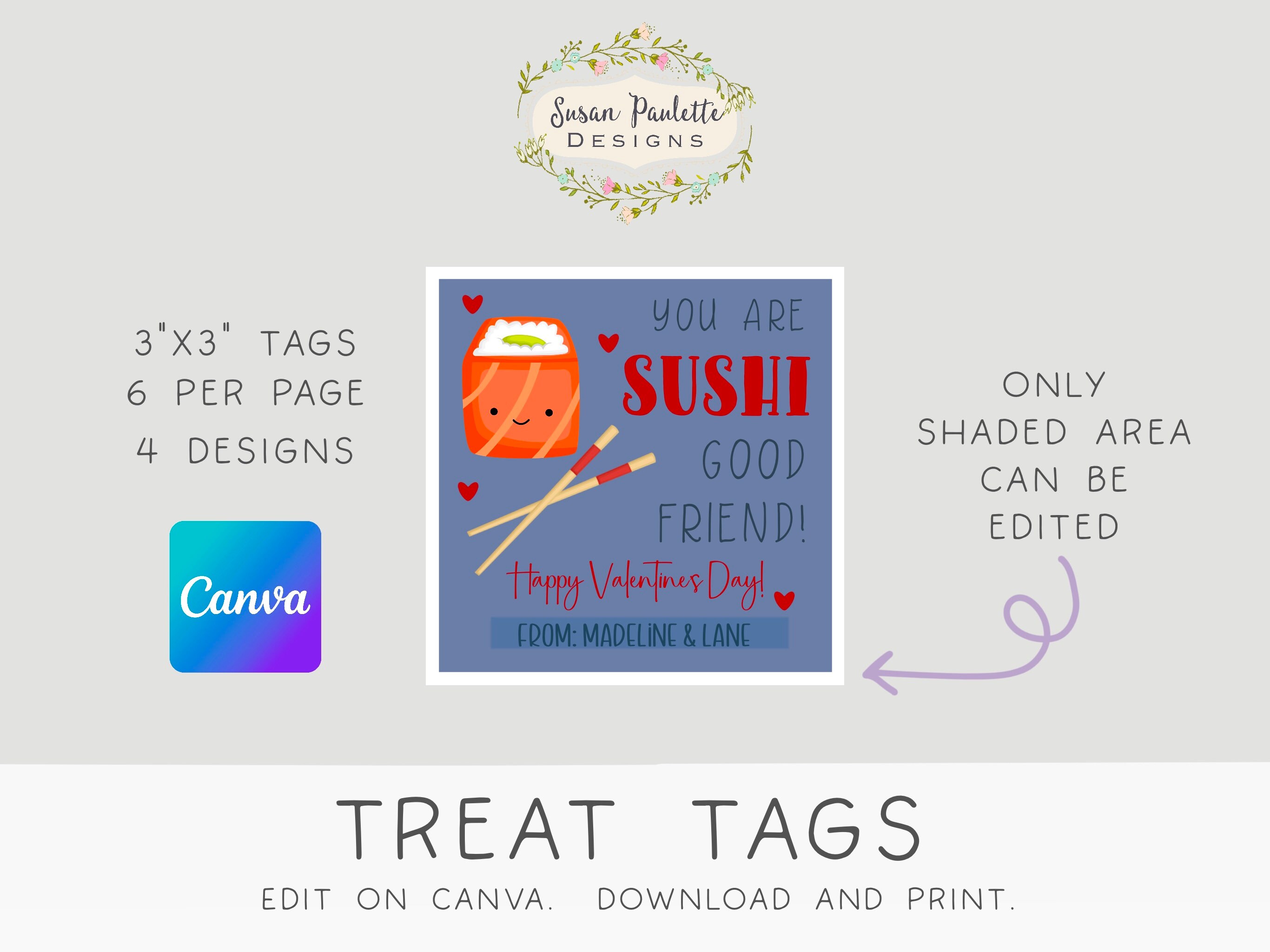 Editable Sushi Valentines Treat Tags, Kid’s Classroom Valentine’s Day ...