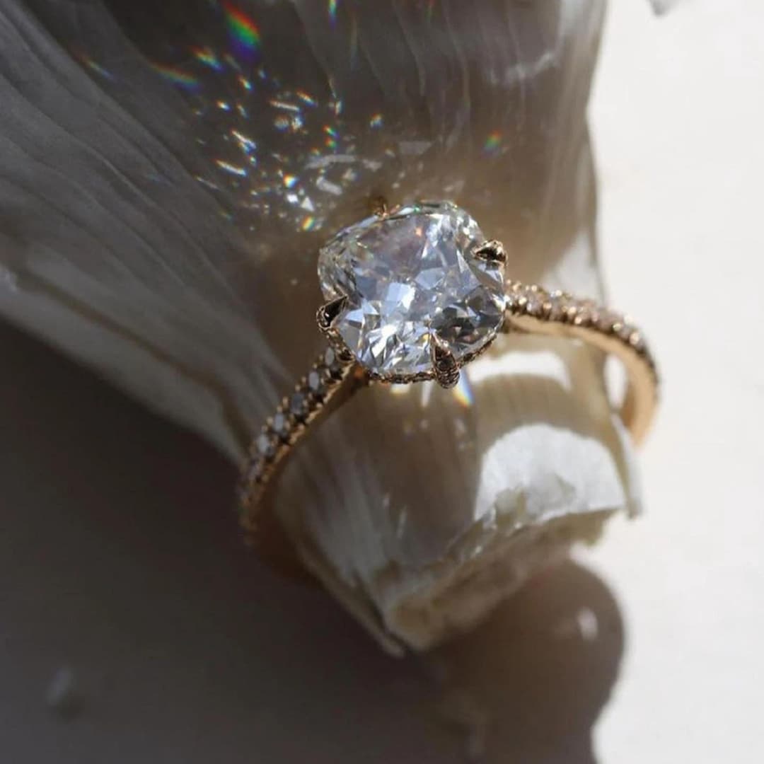 Most Beautiful Compass Set Cushion Ring in French Pave Cathedral Shank ...