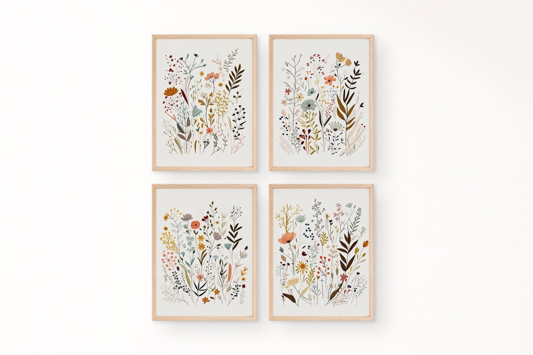 Set of 4 Minimalist Flower Prints, PRINTABLE Gallery Wall Art, Boho ...