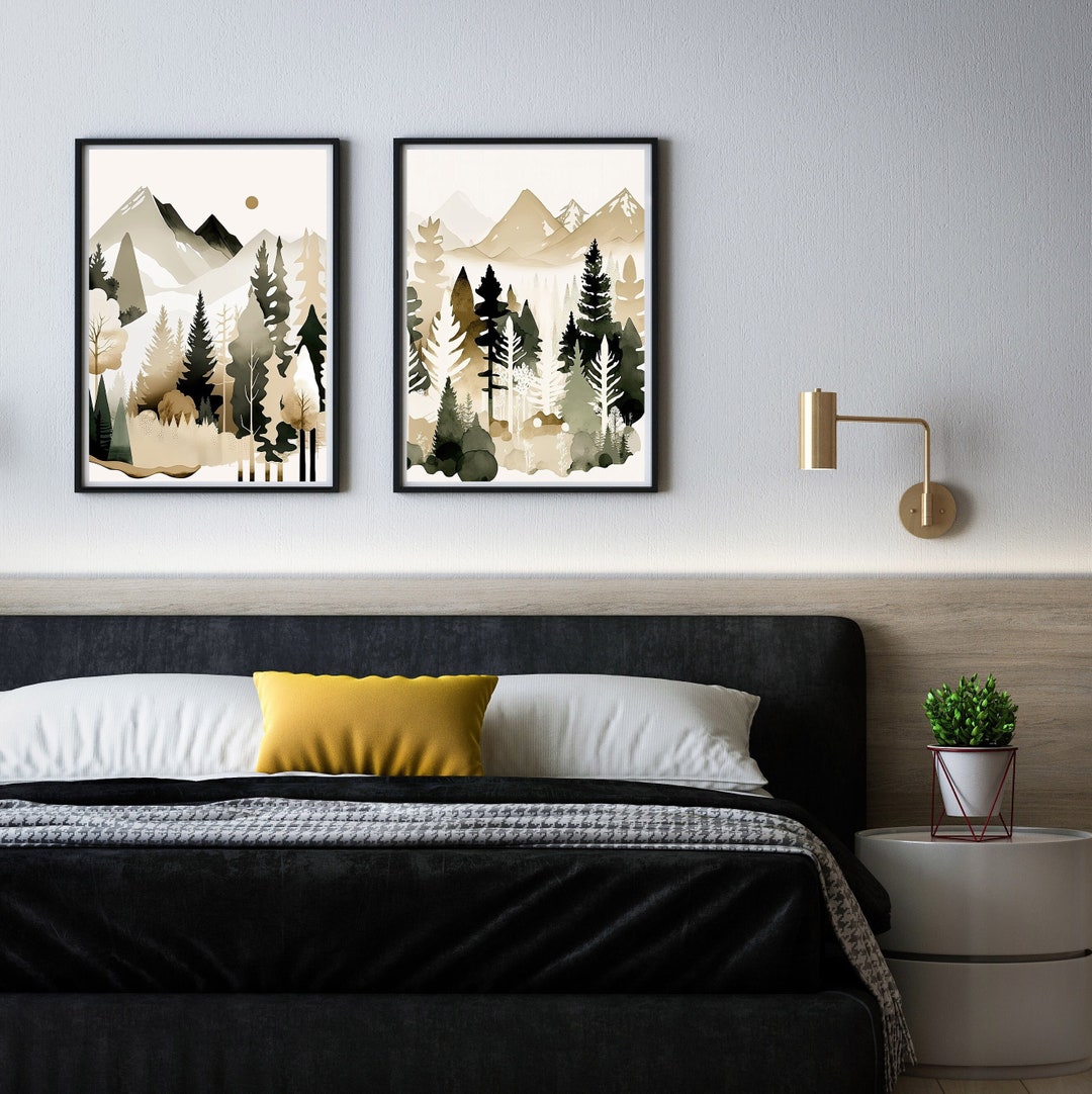 Boho Mountain Art Prints Set of 2, Neutral Landscape, Watercolor ...
