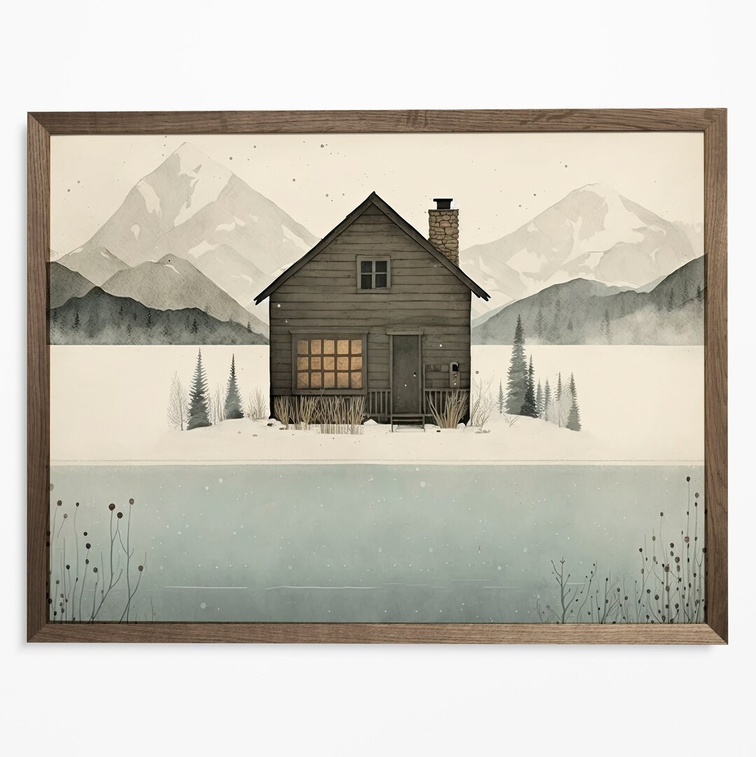 Winter Mountain Cabin Landscape Print Snowy, Rustic Wall Art PRINTABLE ...