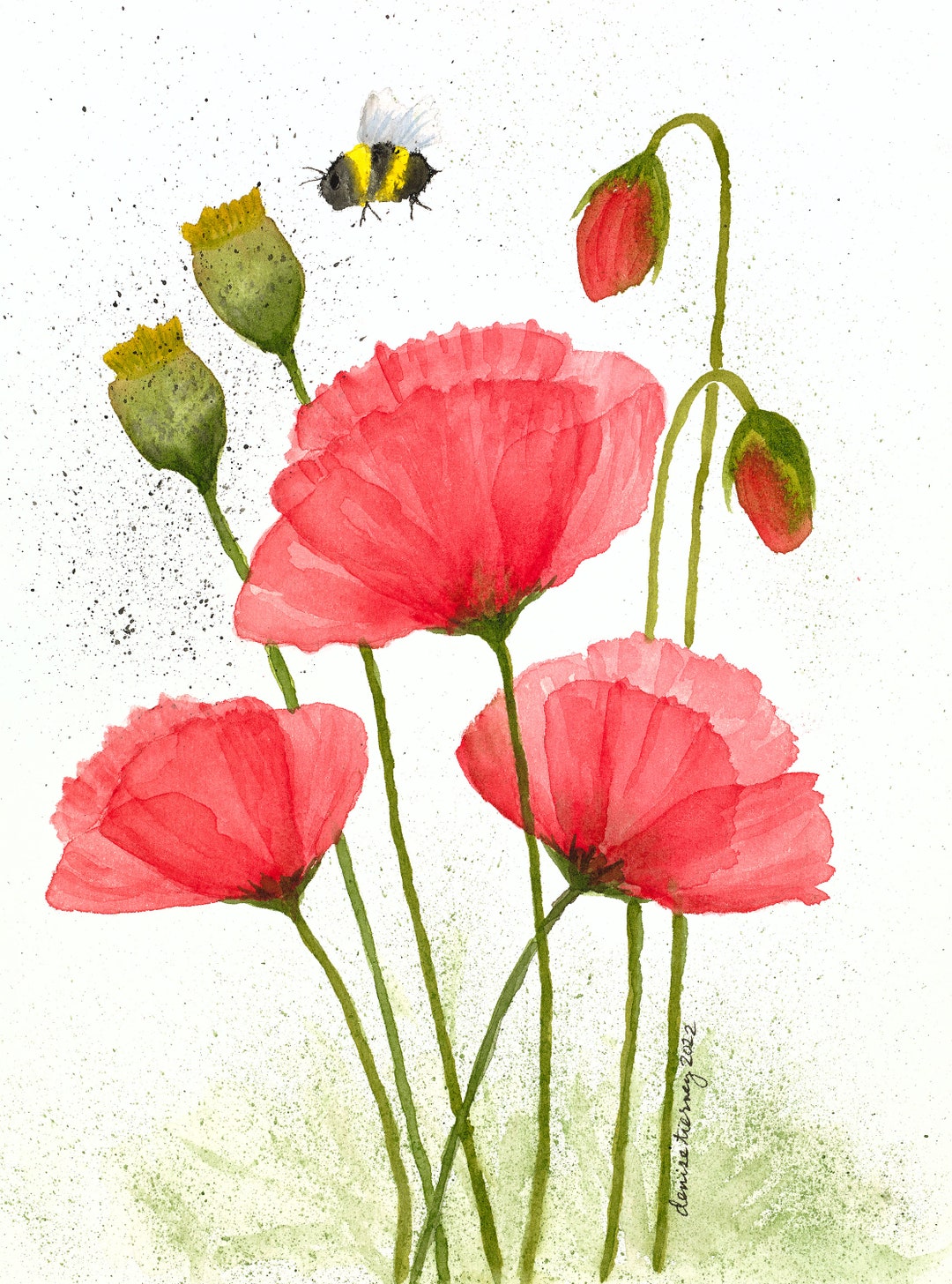 Watercolor Print: Poppies With Bumblebees - Etsy