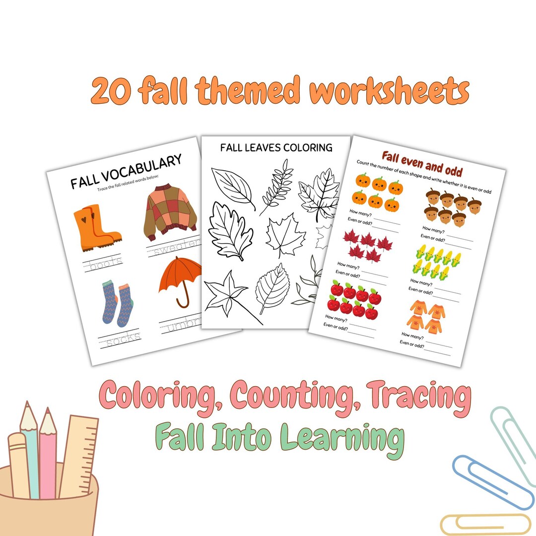 20 Fall Themed Kids Worksheets Coloring Counting Addition - Etsy UK