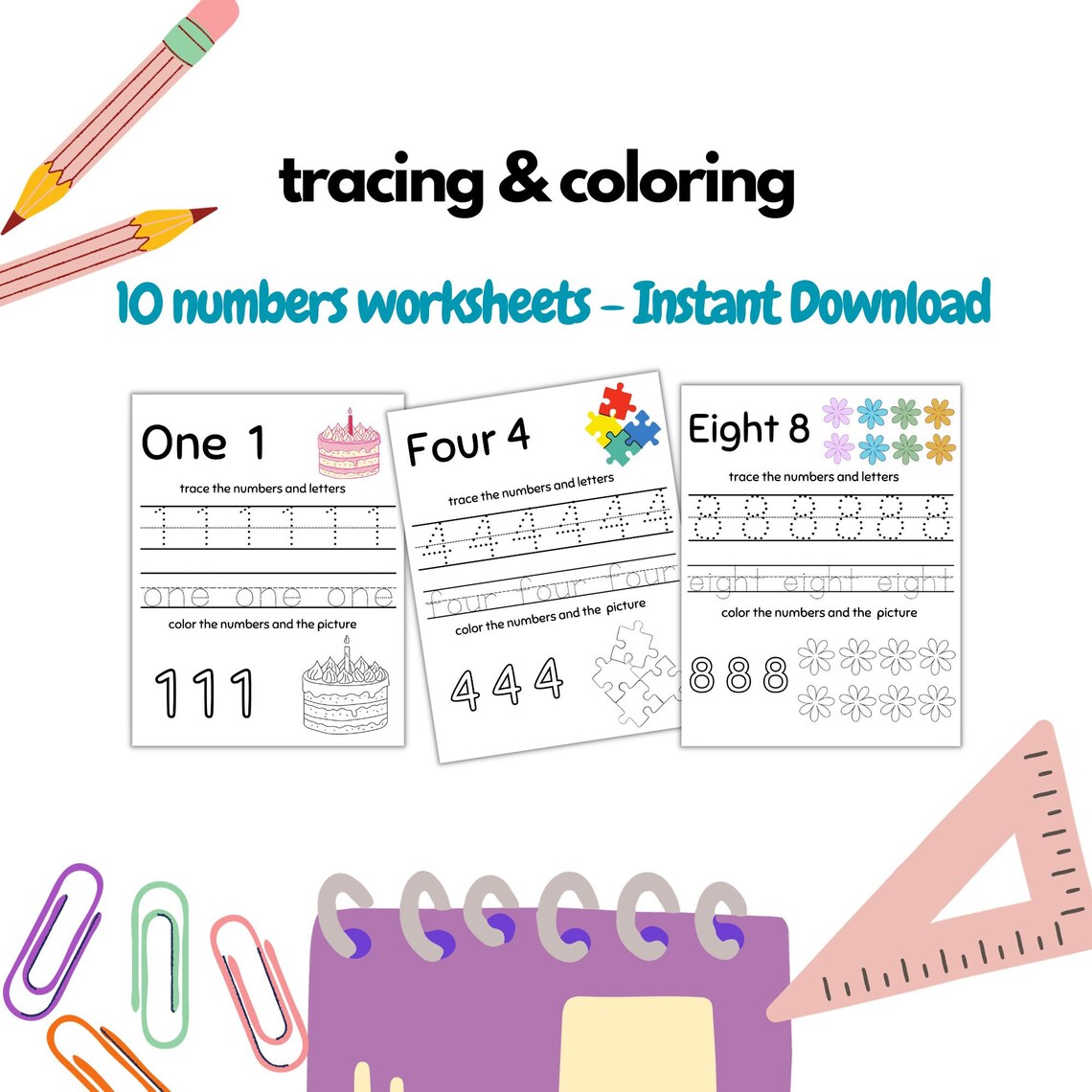 10 Numbers Worksheets for Toddlers Numbers Tracing, Counting, Coloring ...