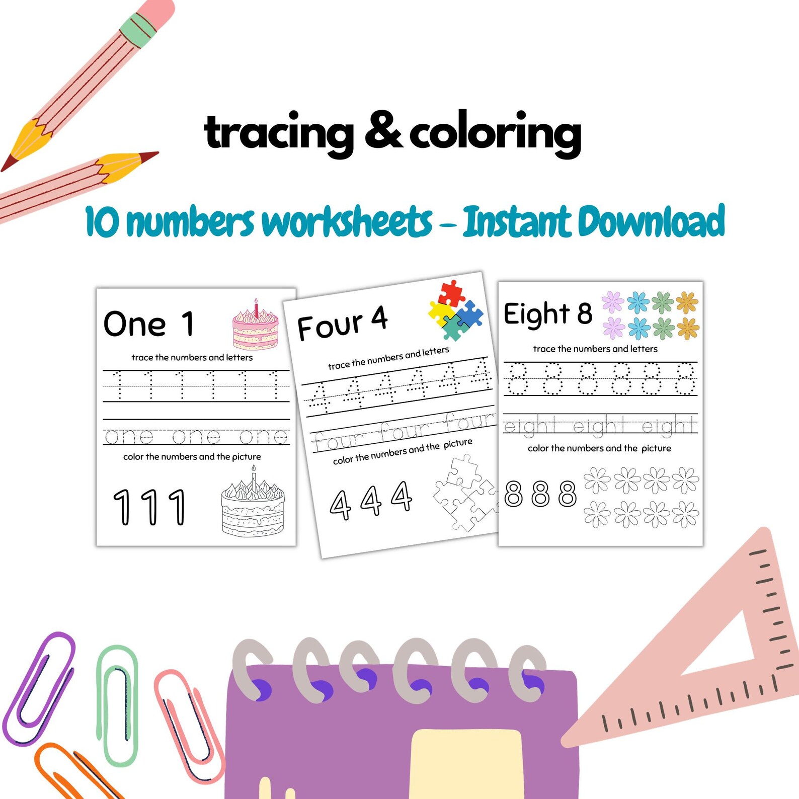 10 Numbers Worksheets for Toddlers Numbers Tracing, Counting, Coloring ...