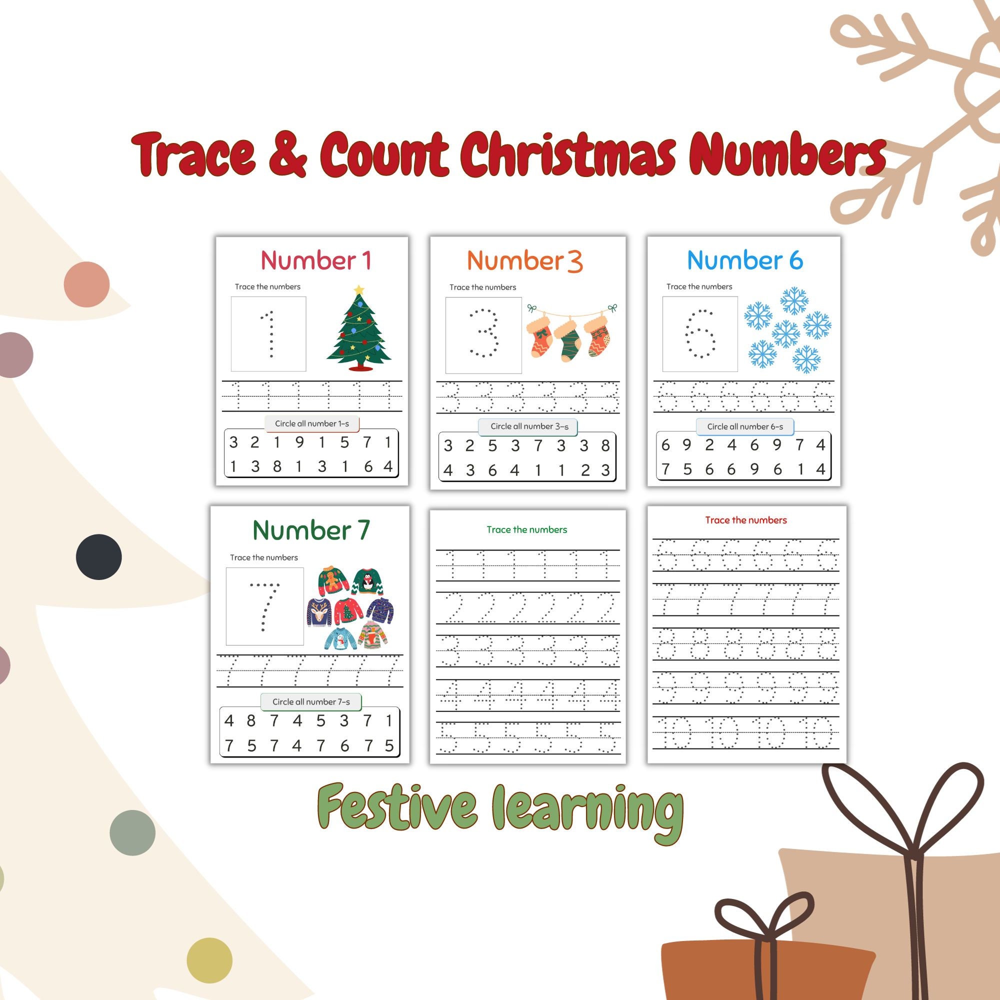 12 Christmas Numbers Learning Worksheets 1-10 Holiday Counting ...