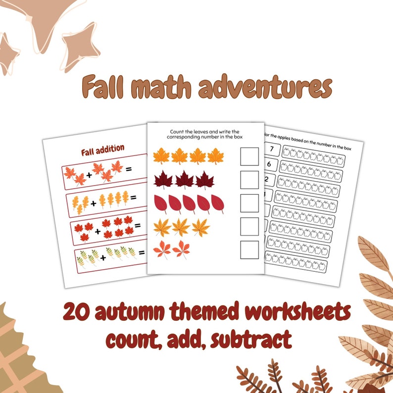 20 Fall Themed Kids Worksheets Coloring Counting Addition - Etsy