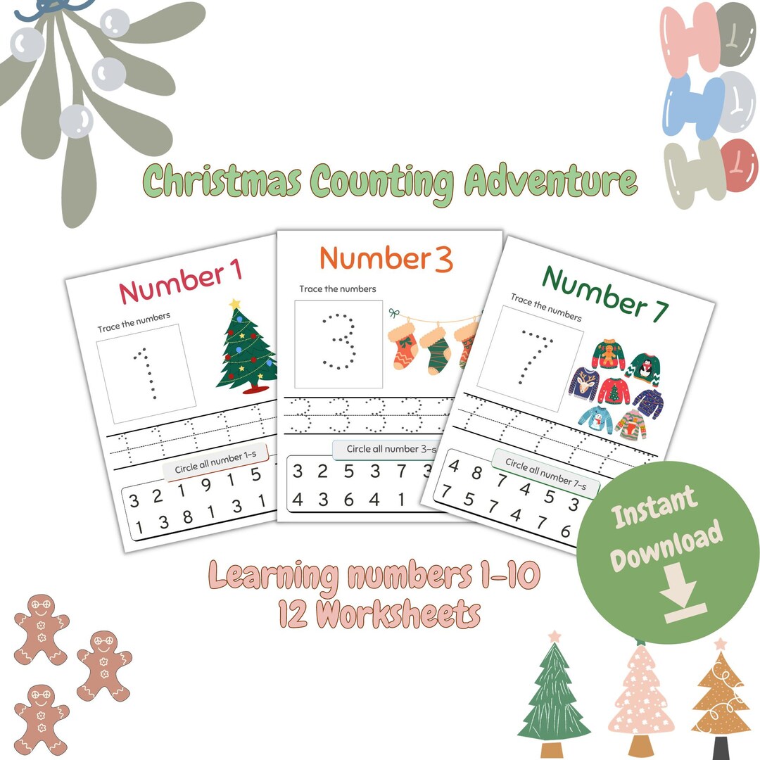 12 Christmas Numbers Learning Worksheets 1-10 | Holiday Counting ...